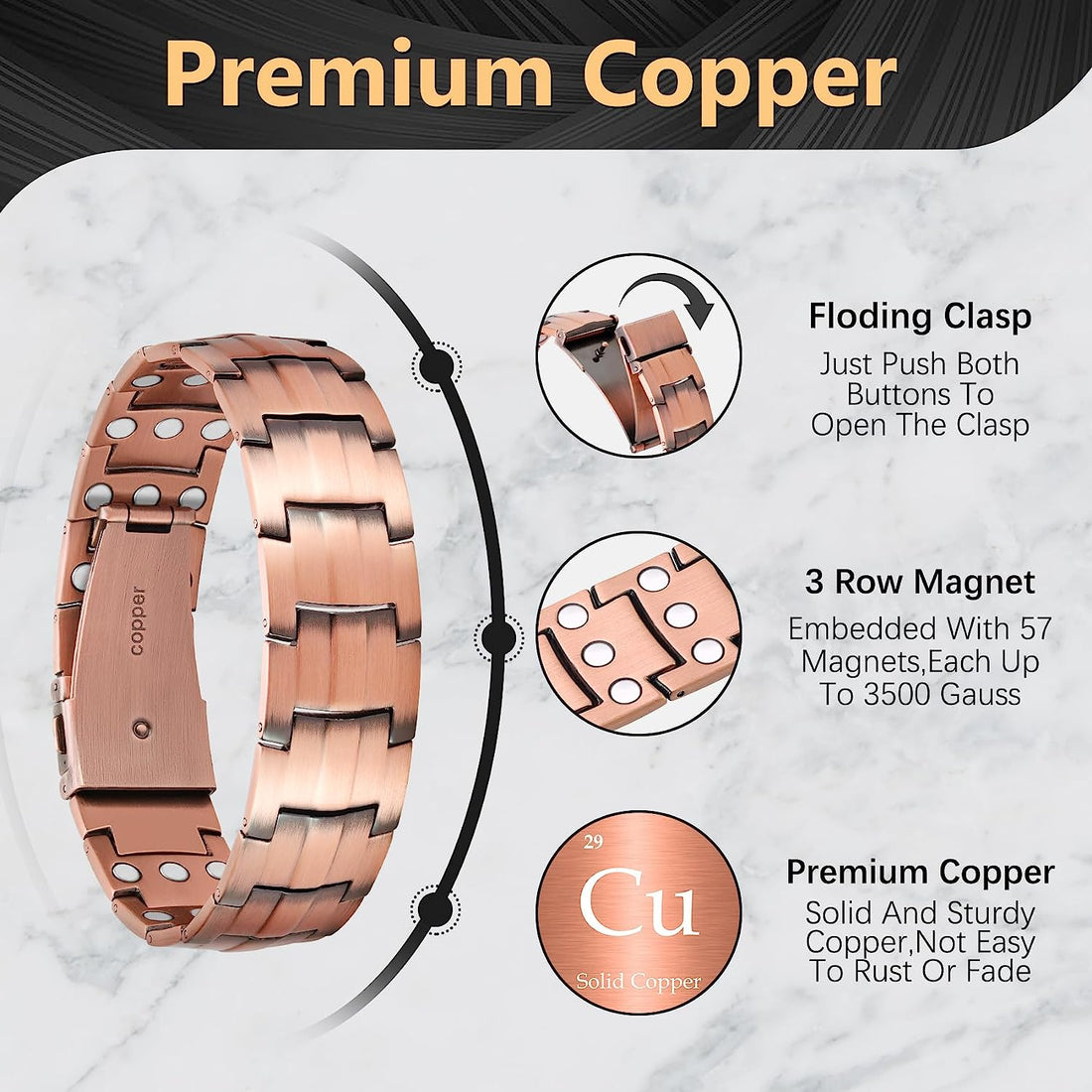 3X Ultra Strength Magnets Copper Magnetic Bracelets Adjustable Magnetic ...