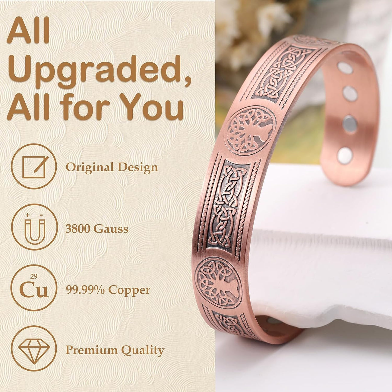 12X Strength Wide Copper Bracelet for Men Enhanced Magnetic Bracelets for Men with 3800 Gauss ...